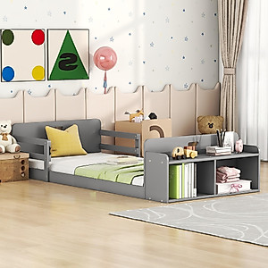 Harper & Bright Designs Twin Size Floor Bed with Storage Footboard and Guardrail, Wood Floor Bed Frame with Solid Wood Slats,Twin Bed Frame for Kids Girls Boys,Gray