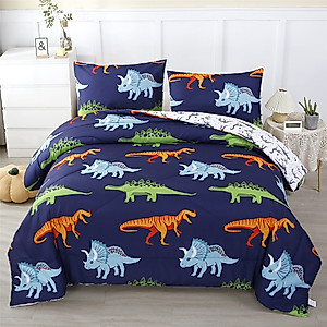 RYNGHIPY Cartoon Dinosaur Comforter Set, Dark Blue Dinosaur Kids Bedding Set for Boys, Dinosaurs Print Comforter Sets for Kids/Toddlers/Teens (Dinosaur,Twin)