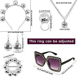 Fahacop 6 Pack 1970s Disco Accessories Set Disco Ball Headband Necklaces Bracelet Ring Earrings and Square Crystal Sunglasses for Women Girls Dress Up Dance Party Accessories
