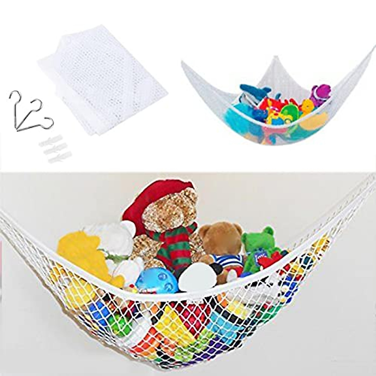 Yuhoo Toy Hammock, Stuffed Animal Storage Hammock, Stuffed Animal Net with Hanging Hooks, Plush Toy Hanging Organizer, Fordable Corner Sling Organizer for Playroom Bedroom Bathroom(White)
