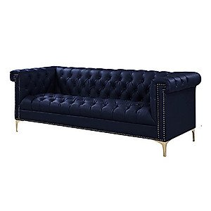 Iconic Home Gold Navy Blue Winston PU Button Tufted with Nail head Trim Tone Metal Sofa,FSA2571-AN