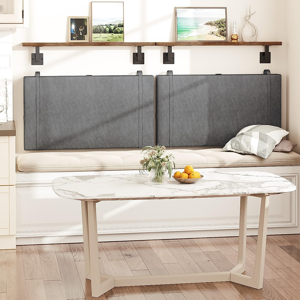 HOOBRO King Size Headboard, Wall Mount Hanging Headboard with 4 USB Ports and LED Light, PU Upholstery, Open Storage Shelf, for Bedroom, Bar, Dining or Entryway, Rustic Brown and Gray