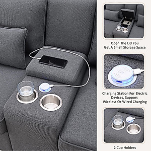 Tmsan 114.2" Modular Sectional Sofa Couch for Living Room Apartment, Modern Linen Upholstered Couch with 2 Cup Holders & 2 USB Charging Ports & 4 Pillows & 3 Storage Pockets, 4-Seat (Dark Grey)