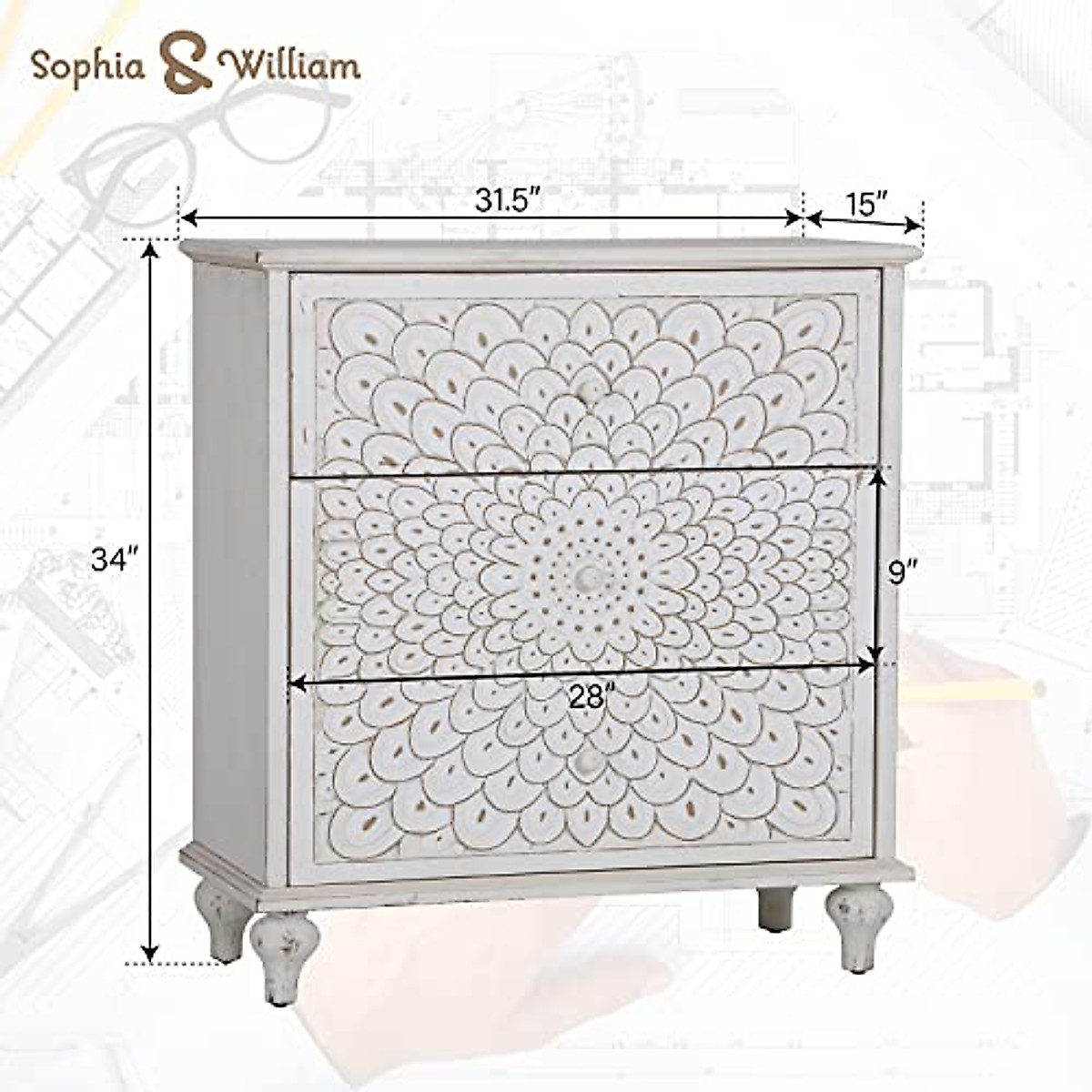 Sophia & William Accent Storage Cabinet with 3 Drawers Distressed Storage Chest with Carved Finch Feather Pattern for Entryway Living Room Bedroom