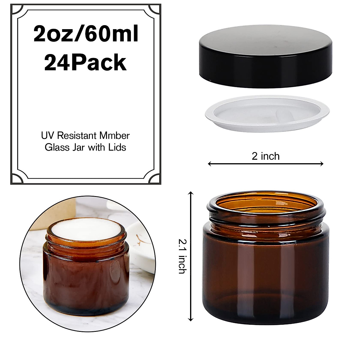 2oz Jars with Lids, Hoa Kinh 24 Pack Amber Glass Jars with Lids Empty Cosmetic Containers Round Airtight Glass Jar with Inner Liners and black Lids for Storing Lotions, Powders, and Ointments