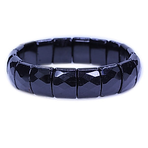 Keleny Natural Black Tourmaline Quartzite 15mm Square Grain Faceted Beaded Stretchable Crystal Bangle 7.5 Inch Unisex