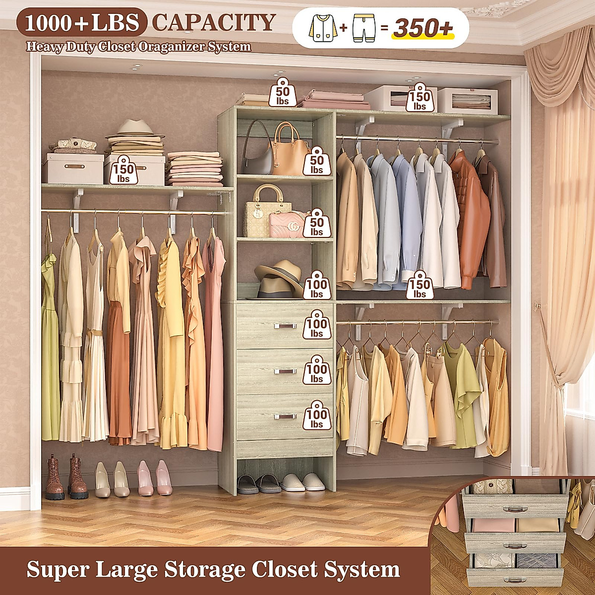 Armocity 96 Inches Closet System, 8FT Walk In Closet Organizer with 3 Shelving Towers, Heavy Duty Clothes Rack with 3 Drawers, Built-In Garment Rack, 96"L x 16"W x 75"H, Load 1000 LBS, White Oak