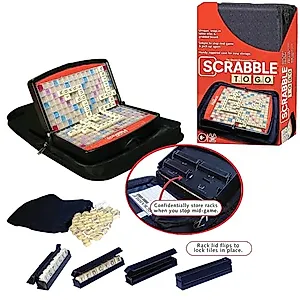 Winning Moves Games Scrabble to Go USA, a Travel Version of The World's Favorite Word Game, for 2 to 4 Players, Ages 8+ (1202), Black,red