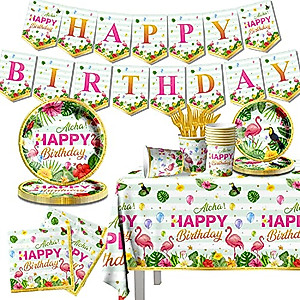Luau Party Supplies,142pcs Aloha Birthday Tableware (Serves for 20) Hawaiian Theme Plates Cups Tablecloth Napkins for Tropical Birthday Party Decoration