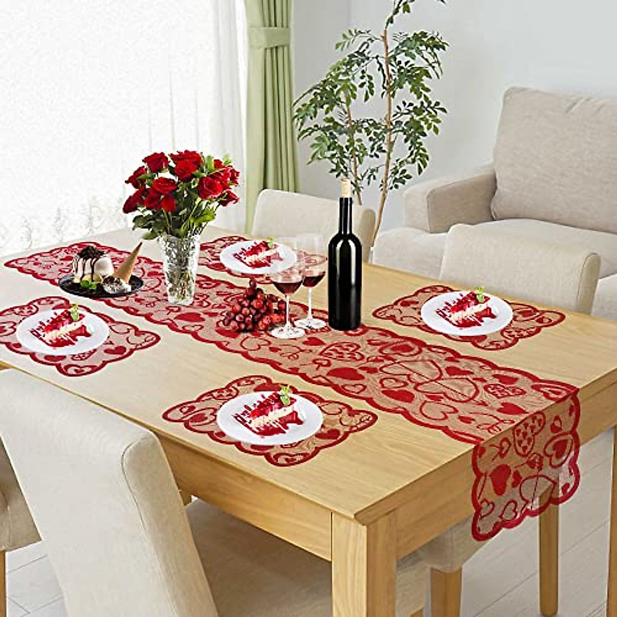 Valentines Day Decorations Table Runner with 4 Placemats, 13 x 72 Inch Red Rose Romantic Lace Table Mats Set for Valentine's Day Wedding Anniversary Party Supplies Home Table Dinner Decor