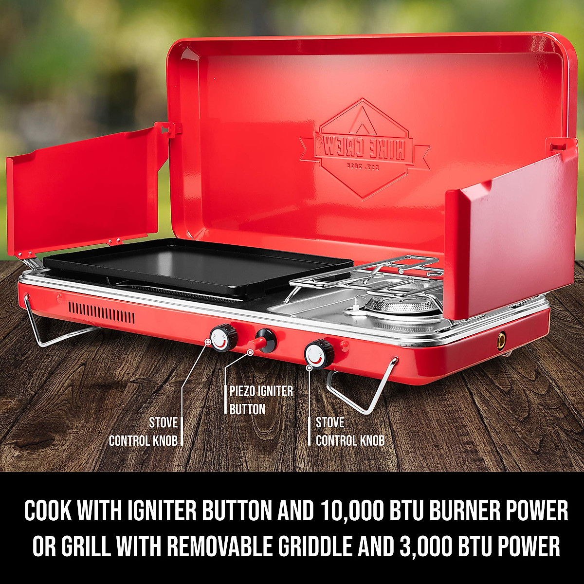 Hike Crew 2-in-1 Gas Camping Stove | Portable Propane Grill/Stove Burner w/Integrated Igniter & Stainless Steel Drip Tray | Built-in Carrying Handle, Foldable Legs & Wind Panels | Includes Regulator