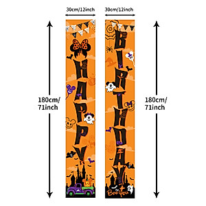 Halloween Birthday Party Decorations Door Banners, 2pcs Happy Birthday Porch Sign Banner, Cartoon Themed Party Supplies Decorations Welcome Door Banner for Halloween Birthday Party