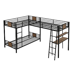 Metal Triple Bunk Bed for Kids Twin Over Twin L-Shape Bunk Bed Attached a Loft Bed with Desk & Shelves 3 Bunked Beds for for Dorm, Boys Girls Teens Kids, Brown
