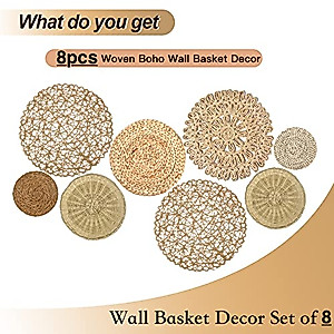 Boho Wall Basket Decor set of 8 (Size: 4.3"-15"), Handmade Boho Wall Baskets Decor, Woven Seagrass Wicker Rattan Flat African Baskets Wall Hanging Decor