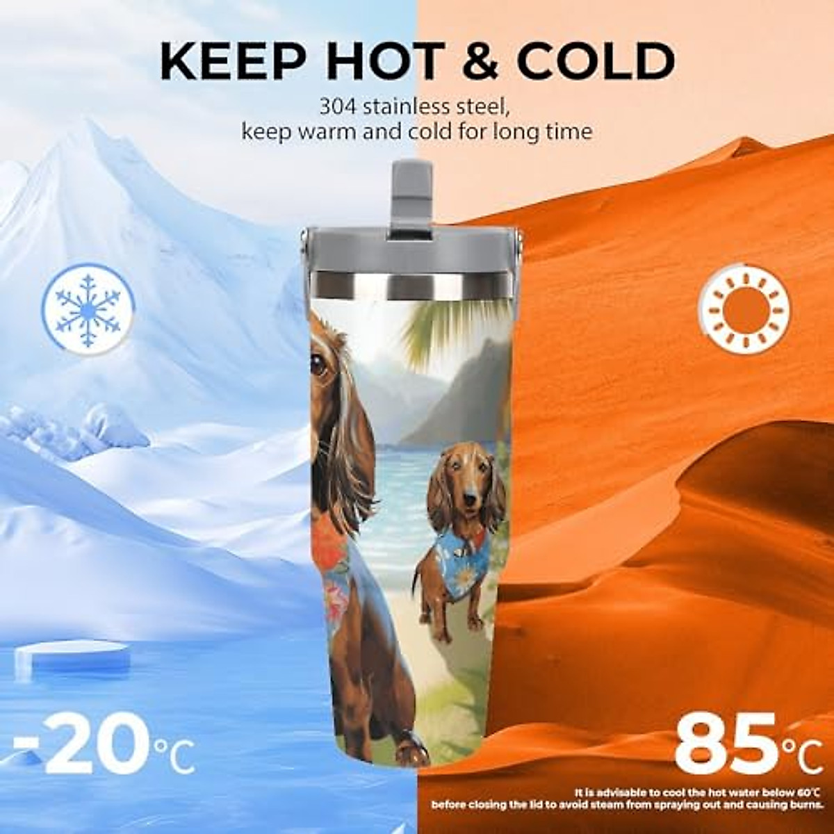 30oz Stainless Steel Insulated Tumbler with Flip Lid & Straw, Leakproof Travel Mug for Car, Dachshund Tropical Painting Art Double Wall Vacuum Thermal Coffee Cup with Handle, Spill-Proof Design for Ho