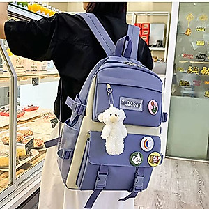 4PCS Canvas School Backpack Combo Set with Kawaii Teddy Bear Pendant Pin Cute Aesthetic Laptop Schoolbag Shoulder Tote Bag (Blue)