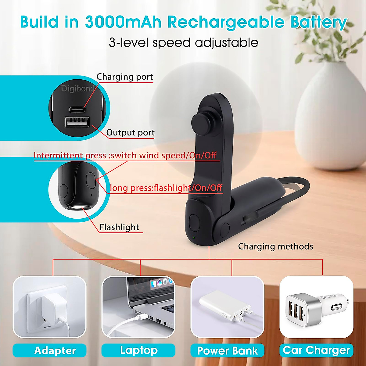 Digibond Mini Fan Handheld Rechargeable Battery Powered 3000mAh 6in1 Bullet Shape Portable Personal Fan 3 Speed Soft Blades Pocket Fan for Travel with Power Bank/Flashlight (Black)