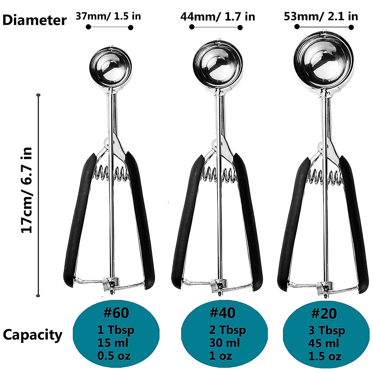 JUNADAEL J Cookie Scoop Set, Include 1 Tablespoon/ 2 Tablespoon/ 3 Tablespoon, Cookie Dough Scoop, Cookie Scoops for Baking set of 3, 18/8 Stainless Steel, Soft Grip