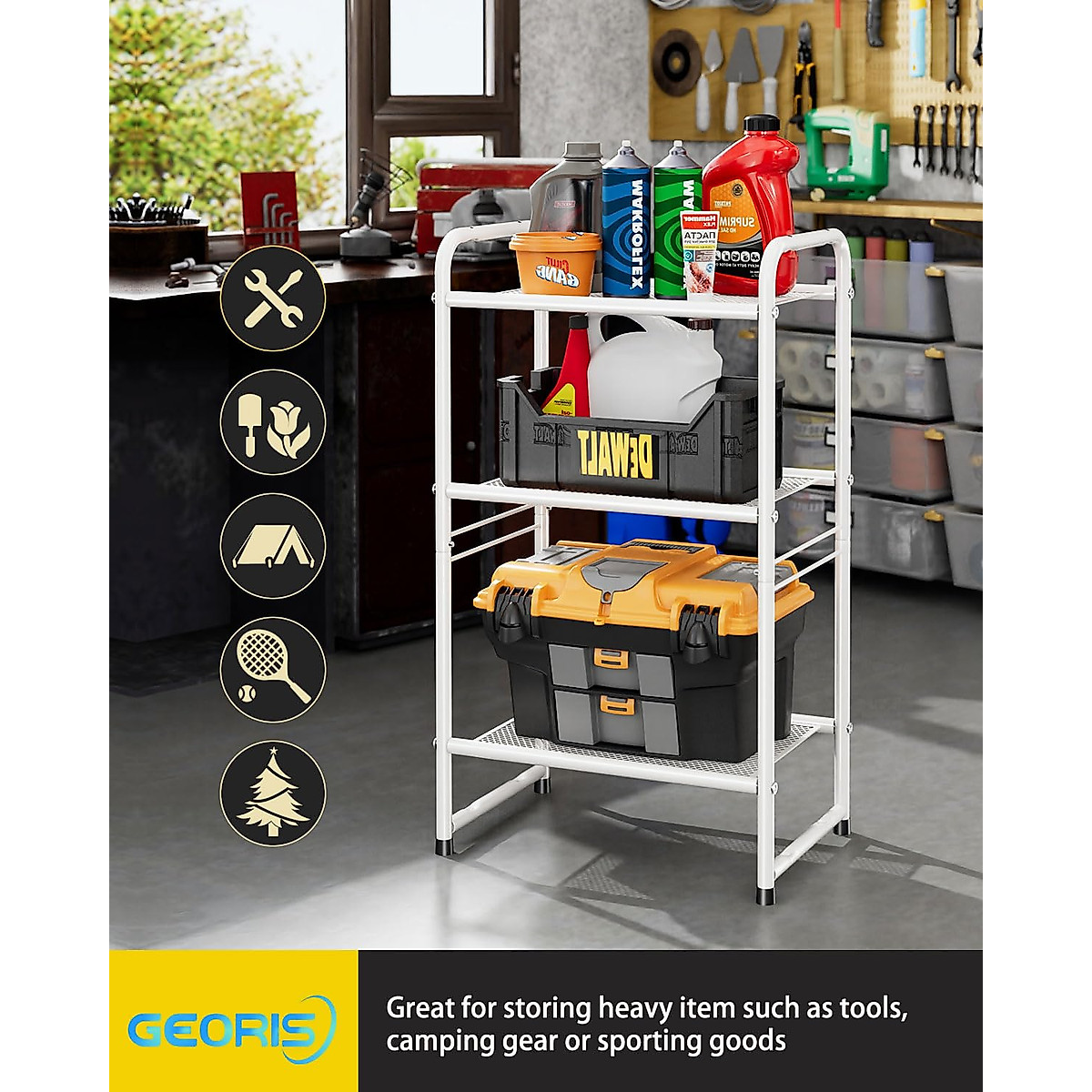 GEORIS 3-Tier Mesh Shelving Unit Outdoor Indoor Waterproof, Stackable Metal Plant Shelf Stand, 17.7-Inch Width Laundry Display Storage Rack, White