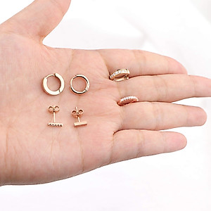 JOERICA 6 Pairs Hoop Huggie Earrings for Women Minimalist Cuff Mini Bar Stud Earrings Gold Silver Cubic Zirconia Small Ear Piercing Set