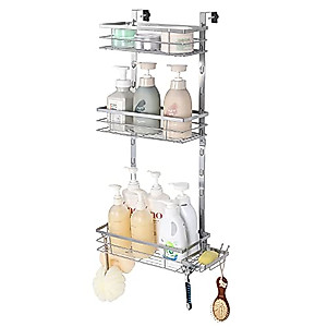 Fogein Over the Door Shower Caddy, Adjustable Hanging Organizer Shelf Rustproof, Shower Basket with Suction Cup, Bathroom Shower Caddy Over The Door with Hook & Soap Box, No Drilling(3 Tier, Silver)