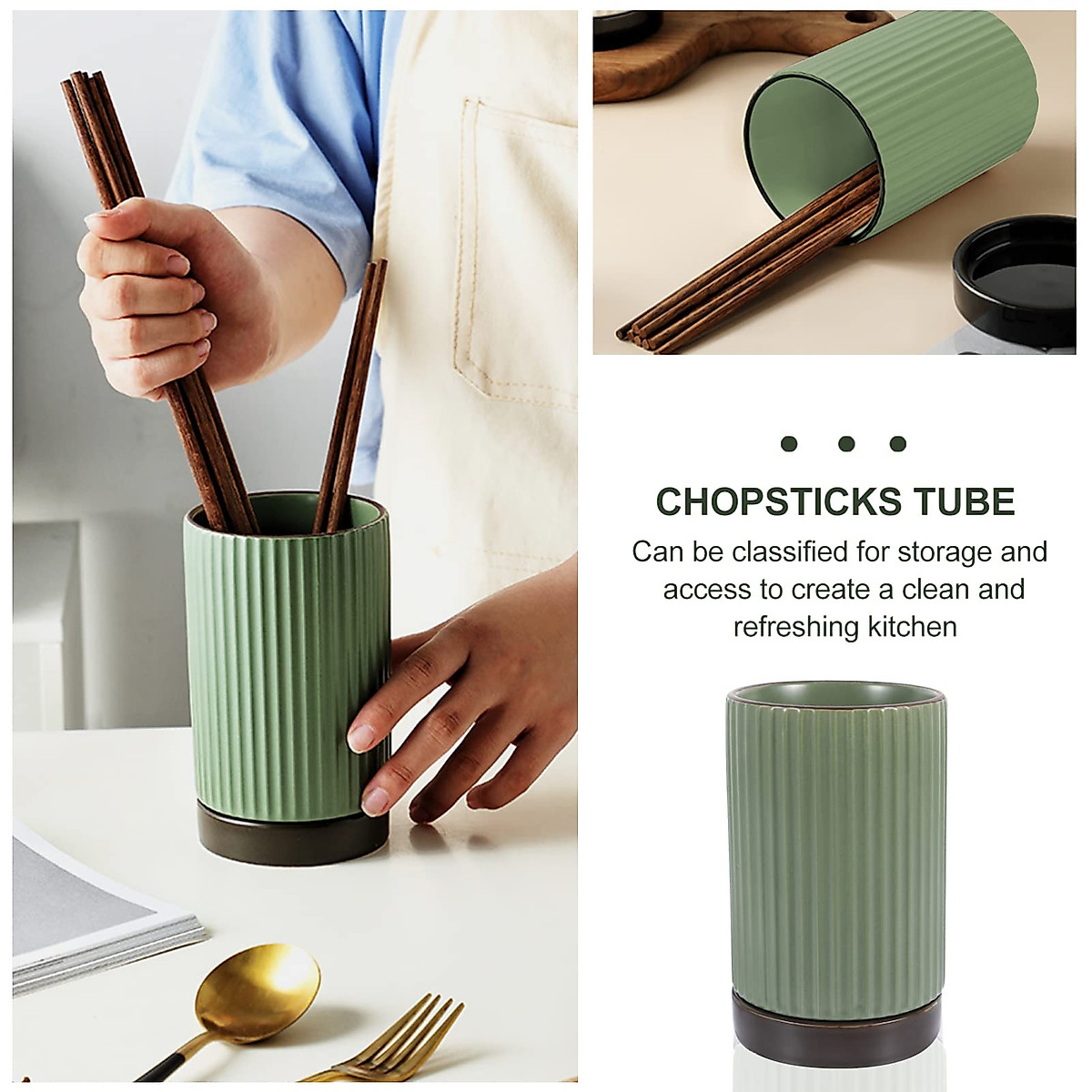 Kitchen Chopsticks Holder Basket Ceramic Utensil Drying Rack Draining Cutlery Spoons Cage Tableware Organizer Caddy Spoon Forks Box Green