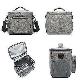 FlowFly Insulated Reusable Lunch Bag Adult Large Lunch Box for Women and Men with Adjustable Shoulder Strap,Front Zipper Pocket and Dual Large Mesh Side Pockets,Grey