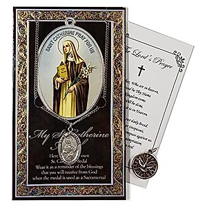 Saint Catherine Of Siena Medal Necklace with Confirmation Dove Charm | St Catherine Of Siena Pendant Jewelry,Holy Spirit Dove Pendant, Lord's Prayer Card | Catholic Patron Saint Of Italy Themed Set