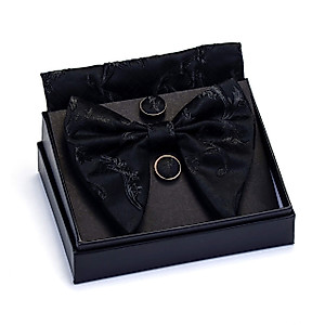 GUSLESON Adjustable Big Bowtie and Pocket Square Cufflink Set Fashion Floral Pre-tied Black Bow Tie (0617-06)