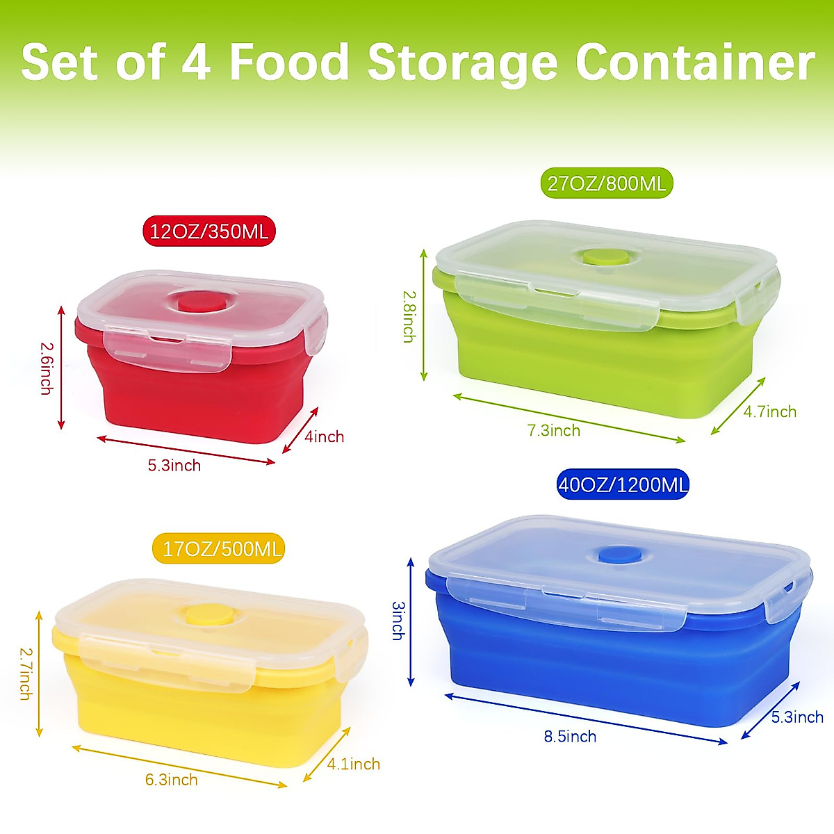 NATUREKIT 4 Collapsible Silicone Food Storage Containers,Kitchen Stackable Leftover Bento Lunch Meal Box with Plastic Airtight Lids, Leak-proof Camping Food Storage，Microwave Dishwasher Freezer Safe