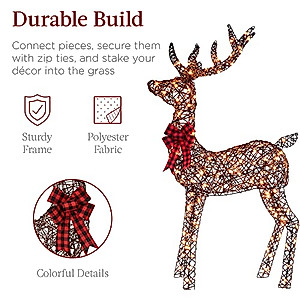 Best Choice Products 3-Piece Large Rattan Deer Family, Lighted Christmas Reindeer 5FT Outdoor Yard Decoration Set w/ 360 Incandescent Lights, Stakes, Zip Ties - Brown