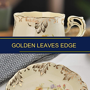 YOLIFE Flowering Shrubs Tea Cups and Saucers Set of 6, Tea Set, Ivory Ceramic Floral Tea Cups Set with Golden Rack, Coffee Cups Set, 8 oz