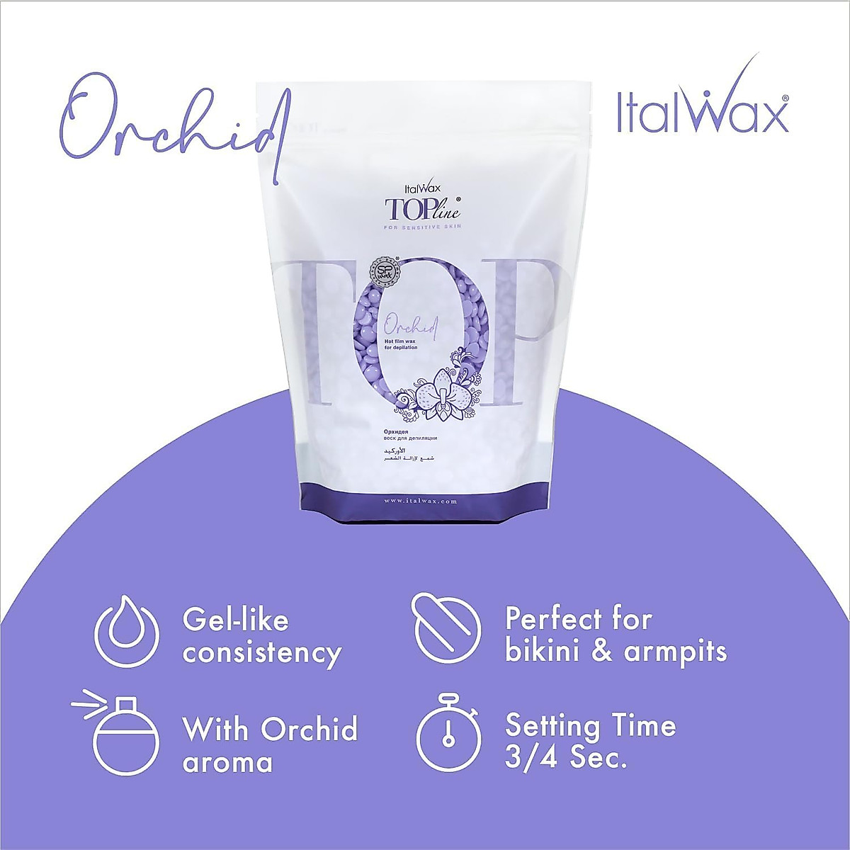 Italwax Top Line Orchid - 750g / 1.65lb - Hard wax beads for hair removal - Orchid fragrance - Synthetic formulation ideal for sensitive skins - Recommended for Bikini Area and Armpits