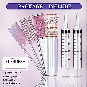 AMORIX 20 Pack Diamond Lip Gloss Tubes with Wand 5ml Empty Rhinestone Cute Lipgloss Bottles/Containers Crystal Lip Gloss Supplies Kit + 2pcs Syringes + Labels for DIY Lip Gloss Base