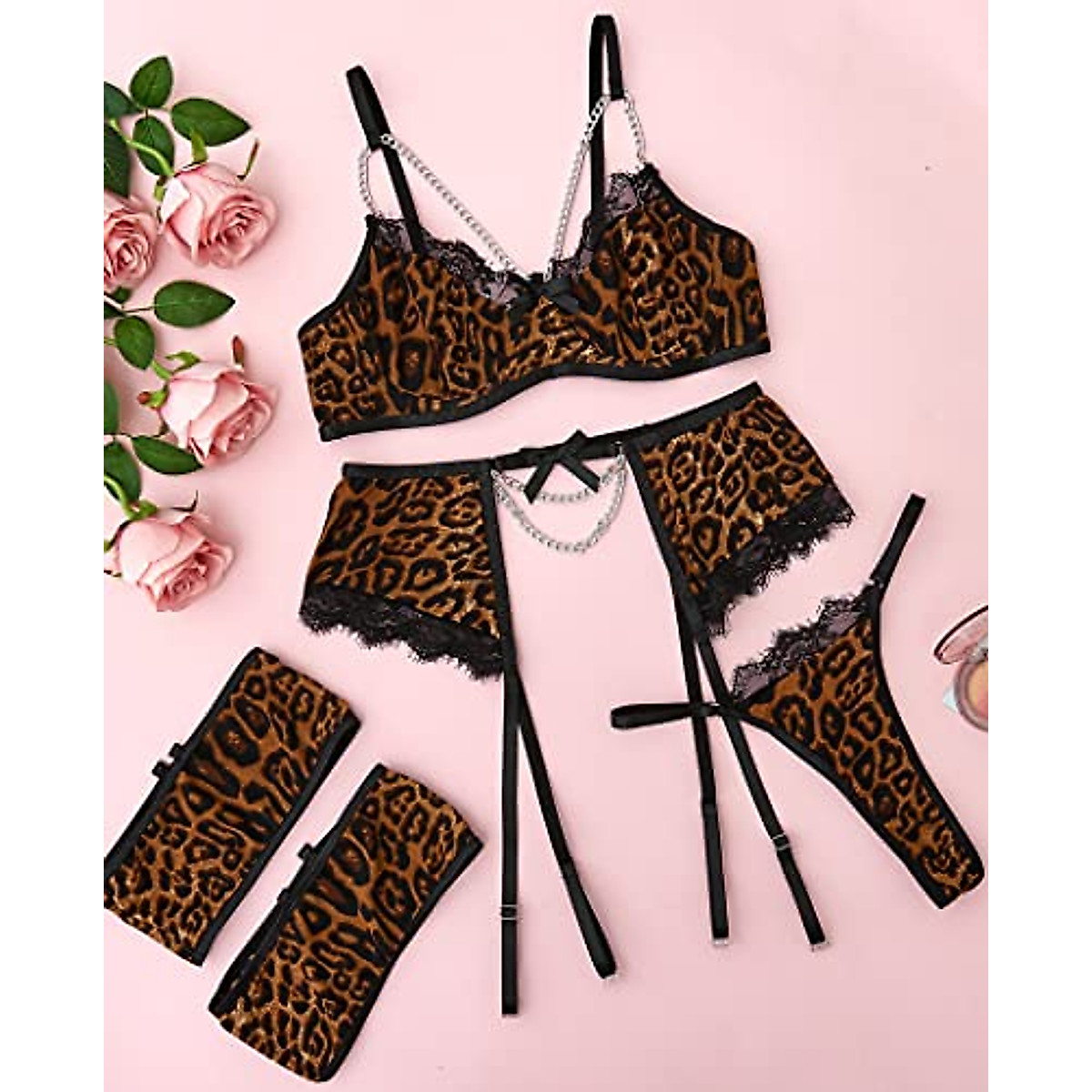 Avidlove Lingerie Set Sexy Womens Lingeries Lace Exotic Fishnet Bra and Panty Sets Classy (Leopard,XS)