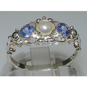 925 Sterling Silver Cultured Pearl and Tanzanite Womens Promise Ring - Size 6.5
