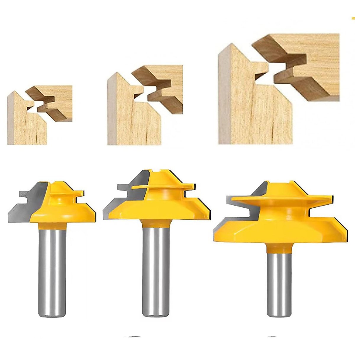 TOTOWOOD 45 Degree Lock Miter Router Bit 3-Piece Set, for 31/64", 3/4"，1"，Cutting Height, 1/2 Inch Shank.Woodworking Tools Joint Router Bits 3PCS 1/2 Shank)