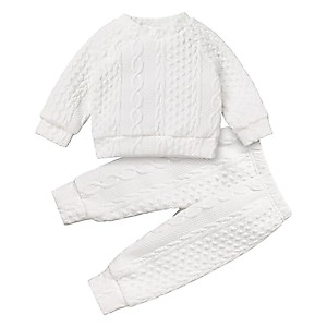 Fall Outfits for Toddler Girls Boys Knitted Baby Girl Sweater Top Pants Long Sleeve Autumn Winter Crewneck Sweatshirt Knit Clothes Pullover for Kids Warm Birthday Christmas Outfit White 0-3 Months