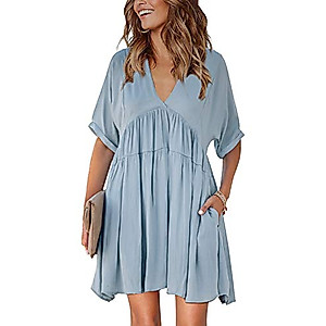 HUUSA 2020 Women's Summer Cute Babydoll Swing Flowy Tunic Dress Ladies Short Sleeve V Neck Casual Loose Solid Color Fashion Mini Shift Dresses Sky Blue Large