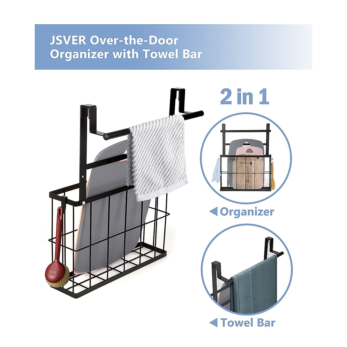 JSVER Over Cabinet Organizer Kitchen Cabinet Organizer, Cabinet Door Organizer with Towel Holder for Cutting Board, Aluminum Foil, Baking Sheet, Plastic Wrap