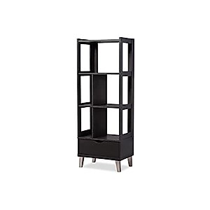 Baxton Studio Kalien Modern & Contemporary Wood Leaning Bookcase with Display Shelves & One Drawer, Dark Brown