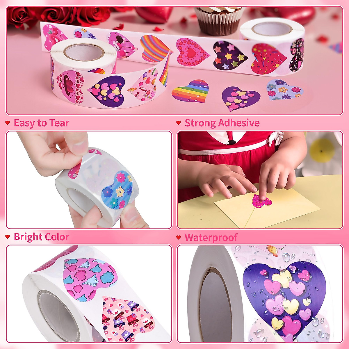 Fun Little Toys 1000PCS Valentine Heart Stickers for Kids, 1.5in Valentine's Day Colorful Red Love Decorative Decals Labels Art Craft Cards Envelopes Wedding Party Decorations Supplies