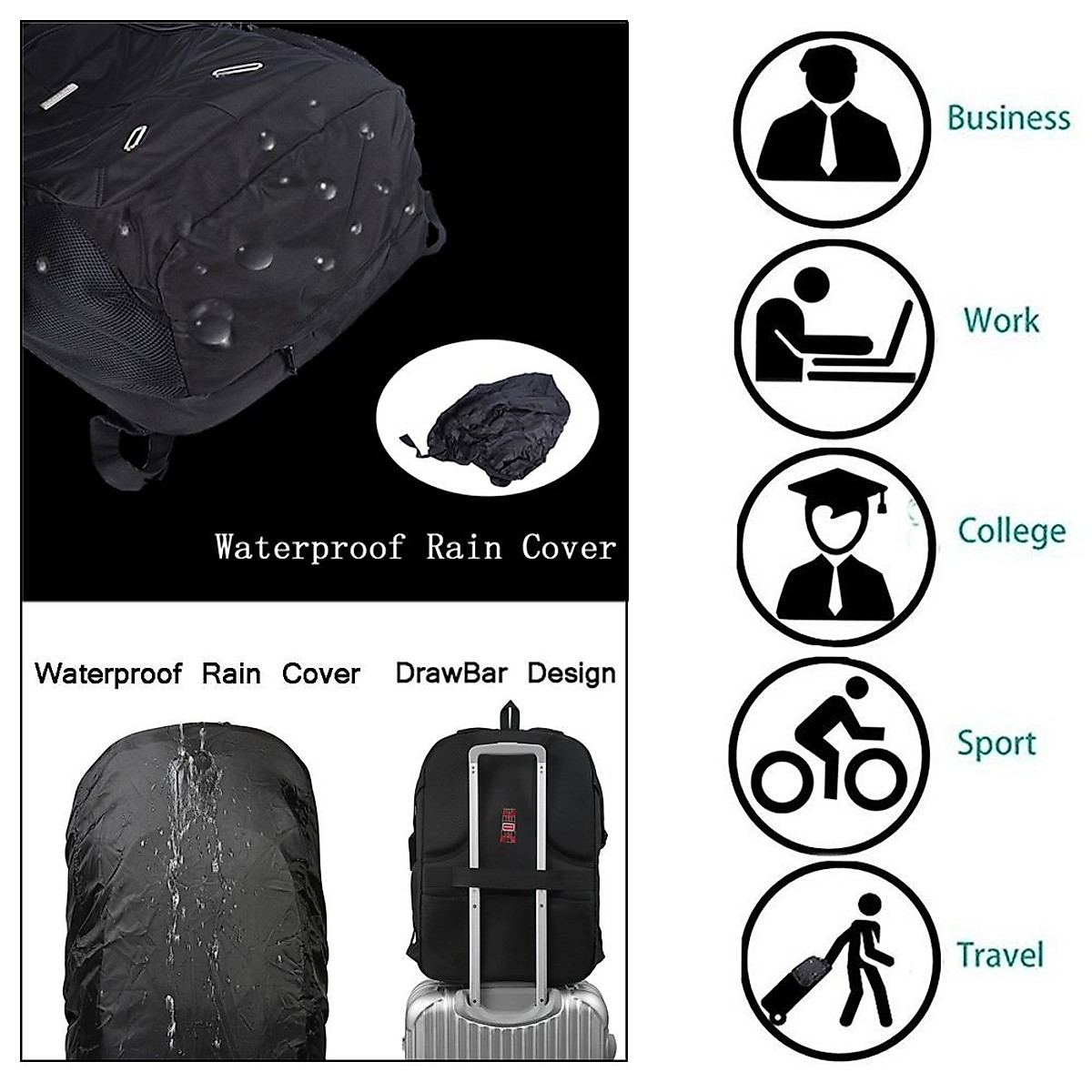 Ronyes Backpack for Laptops Up To 18.4 Inch Hiking Backpack Water Resistant Travel Computer Backpack Shockproof Laptop Backpack with USB Charging Port and Waterproof Rain Cover (Black)