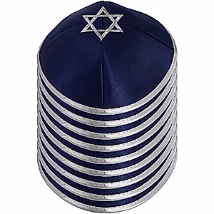 HolYudaica Pack of 10-Pcs Hq 20cm Satin Kippah with Silver/Gold String+Star of David for Men & Boys, Yamaka Hat from Israel, Kippot Bulk (Blue Silver)