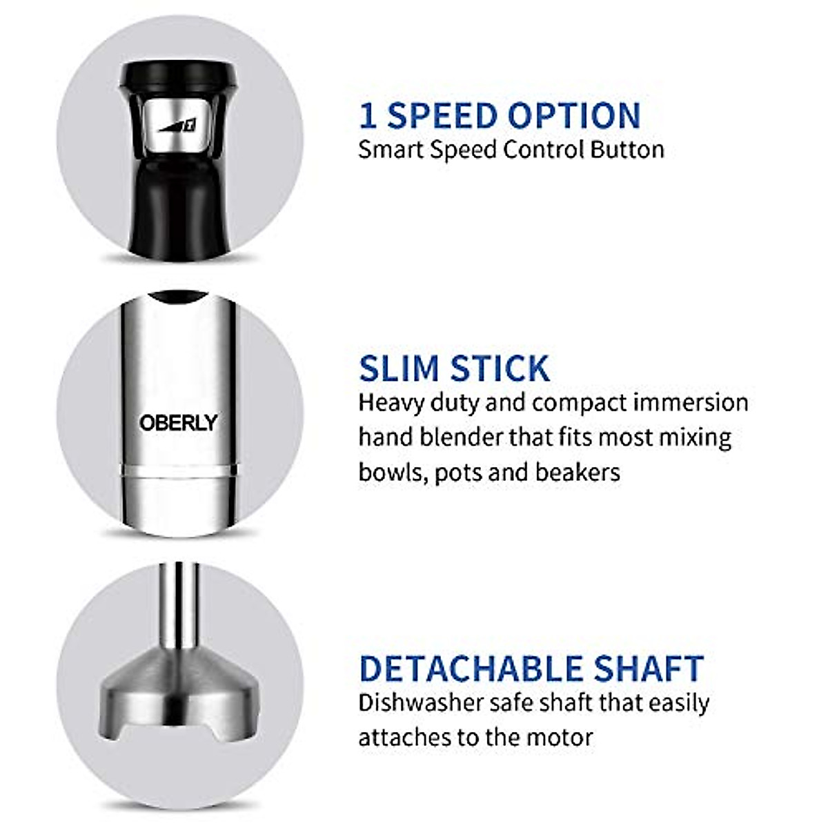 Immersion Hand Blender Electric, OBERLY 500W Smart Stepless 3-in-1 Heavy Duty Handheld Stick Mixer, Stainless Steel Blade with Milk Frother, Egg Whisk for Coffee Foam, Smoothies and Puree