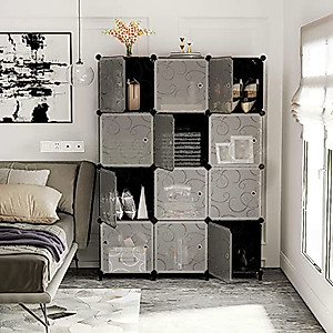 AWTATOS 12 Cube Storage Organizer with Doors, DIY Plastic Closet Storage Shelf, Modular Storage Bookshelf, Stackable Storage Shelving Rack for Bedroom, Home, Living Room, Black ULPZ012