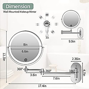 Rechargeable Wall Mounted Lighted Makeup Vanity Mirror 8 inch 1X/10X Magnifying Bathroom Mirror with 3 Color Lights, Double Sided with Dimmable LED Lights, Extended Arm 360°Shaving Light up Mirror