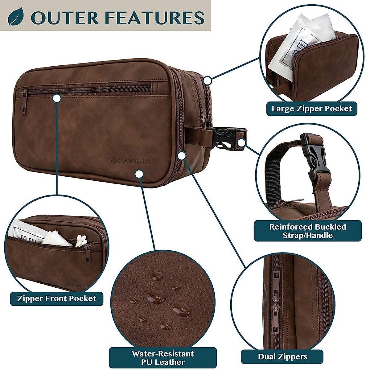 PAVILIA Toiletry Bag for Men, Travel Toiletries Bag | Water-resistant Dopp Kit, PU Leather Shaving Pouch Organizer for Accessories, Cosmetic, Hygiene, Grooming Essentials (Dark Brown)