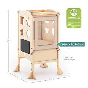 Guidecraft Classic Kitchen Helper® Toddler Tower and 2 Keepers - Natural: Folding Wooden Adjustable Height Platform, Kitchen Montessori Learning Step Stool, Chalkboard, Supports Up to 125lbs