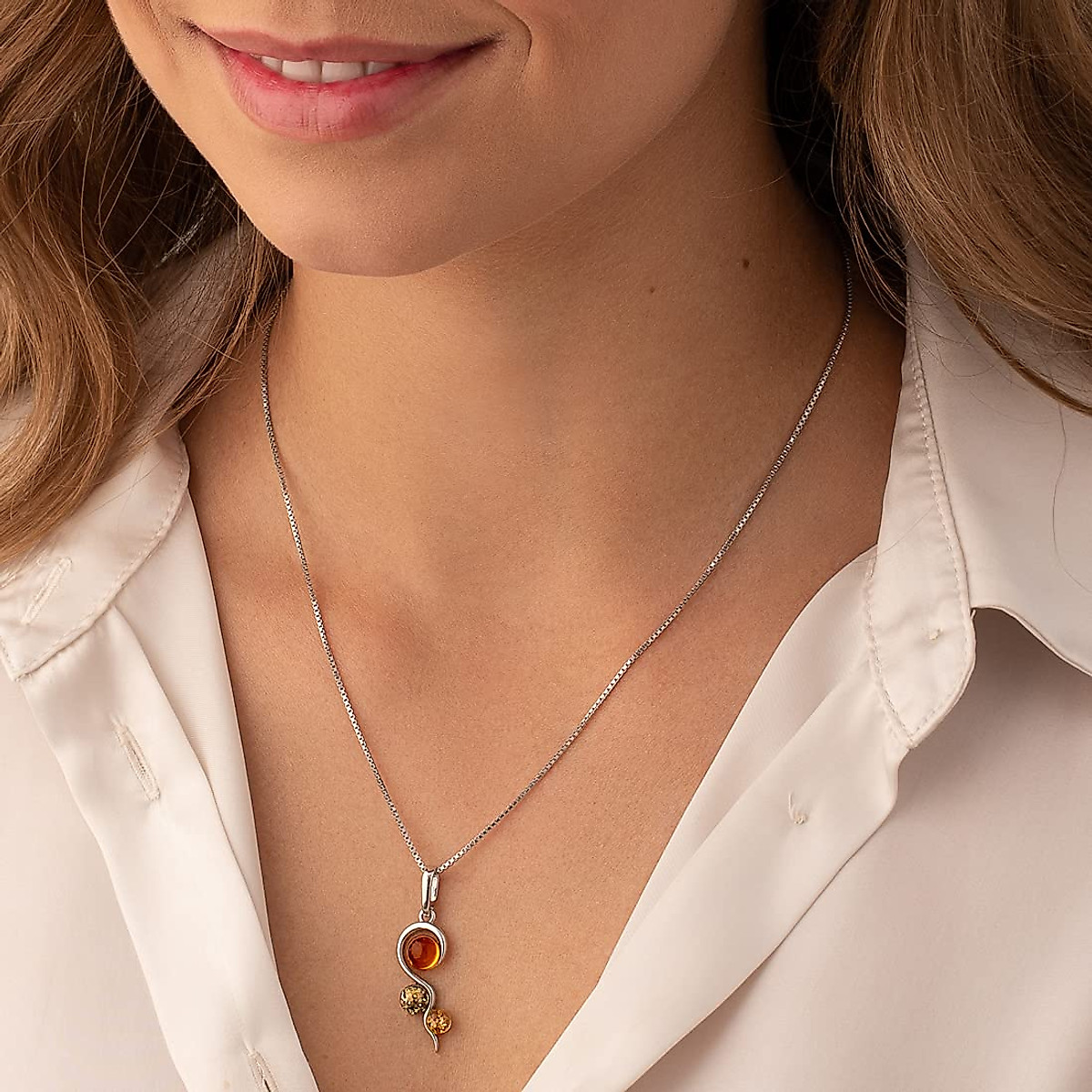 PEORA Genuine Baltic Amber Three-Stone Spiral Pendant Necklace for Women 925 Sterling Silver, Rich Cognac, Olive and Honey Colors, with 18 inch Chain